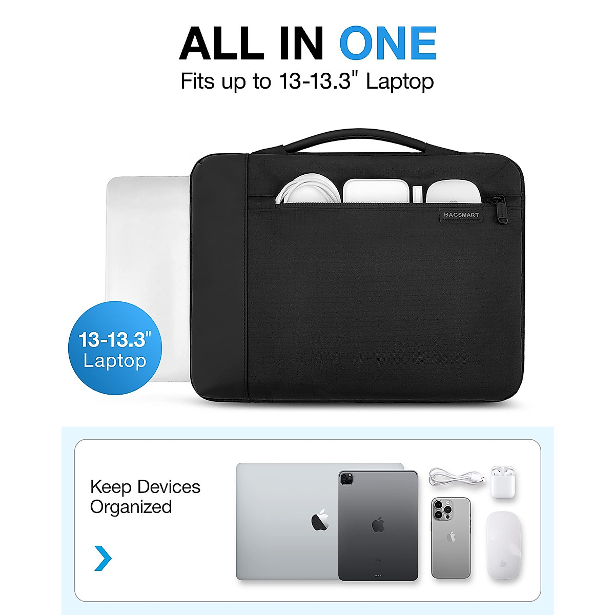 Laptop Sleeve Bag, BAGSMART Laptop Case Compatible with MacBook Air/Pro Retina,13-13.3 inch Notebook Compatible with MacBook Pro 14 inch 2021 2022 M1 Pro/Max, Computer Bag with Pocket, Handle, Black