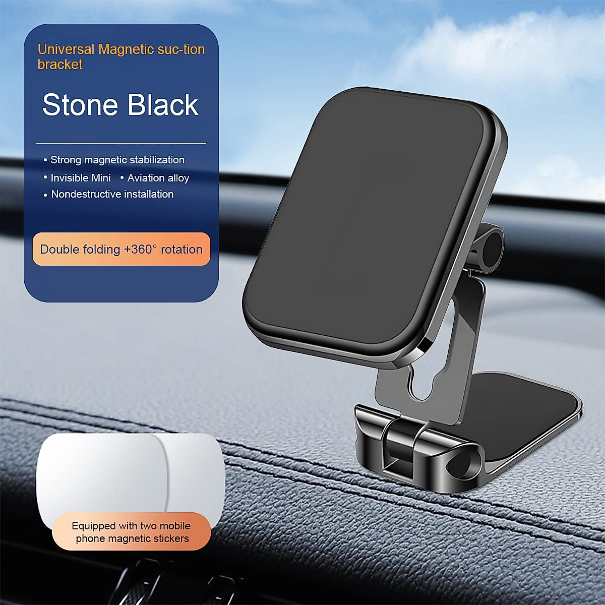 zipelo Phone Holder for Car, Super Strong Magnetic Car Cell Phone Mount Hands Free, Foldable Phone Stand for Automobile, 360° Rotation Universal Dashboard Car Cradle Fits All Smartphones