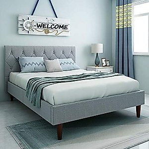 Yegee Upholstered Platform Bed Frame Wood Slat Support No Box Spring Needed Deep Button Tufting Headboard Solid Wood Foot (Grey, Queen)