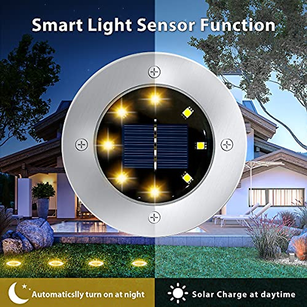 Solar Ground Lights - 12 Pack 8LED Solar Garden Lights Outdoor Waterproof Sidewalk Disk Bright In-Ground Landscape Lighting for Lawn Patio Pathway Yard Steps Deck Walkway Light (Warm White) (12 Packs)