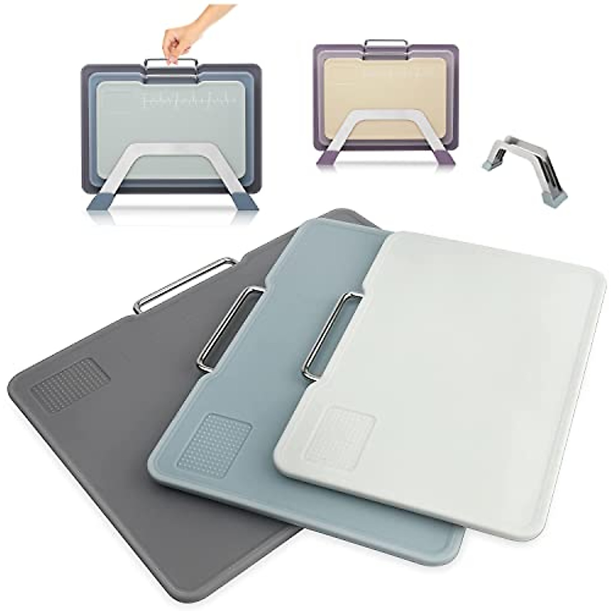 VWMYQ Cutting Board Set of 3,Cutting Boards for Kitchen,Grip Handle, Deep Juice Grooves, Slip Resistant,Chopping Boards for Meat, Veggies, Fruits (Blue) Grey + blue + light cyan