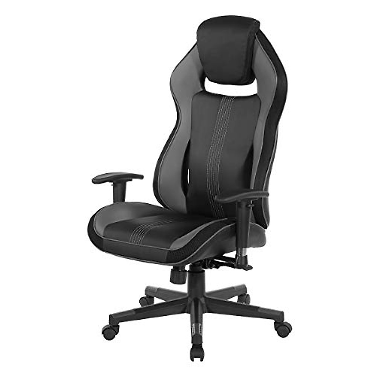 OSP Home Furnishings BOA II Ergonomic Adjustable High Back Gaming Chair with Thick Padded Coil Spring Seat, Built-in Lumbar Support and Headrest, Black Bonded Leather with Grey Accents