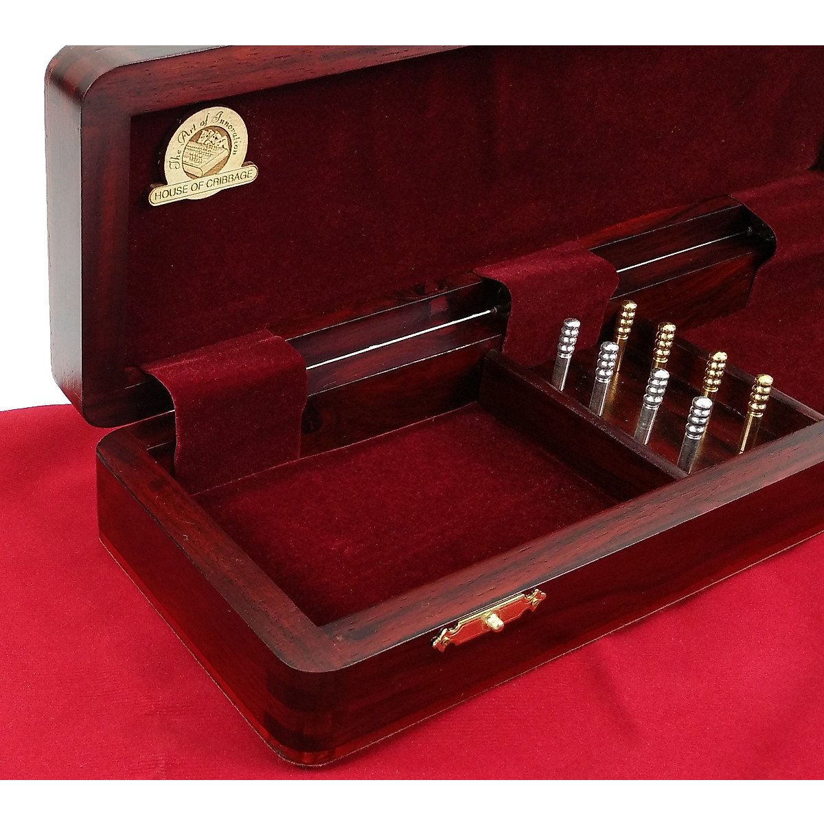 12 1/2" 2 Track Continuous Cribbage Board W/Card Storage Maple Tracks on Bloodwood Corner & Games Won