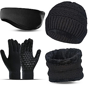 Ski Winter Hat Scarf Gloves Set for Men, Knit Beanie Hat,Neck Warmer Scarf,Warmer Touch Screen Gloves and Earmuffs Ear Warmer for Men Women Outdoor (Black)