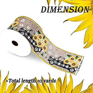 Whaline Sunflower Truck Wired Edge Ribbon Vintage Spring Summer Floral Fabric Ribbon Farmhouse Buffalo Plaids Decorative Craft Ribbon for Gift Wrapping Hair Bow Sewing Wreath Crafts, 10 Yards