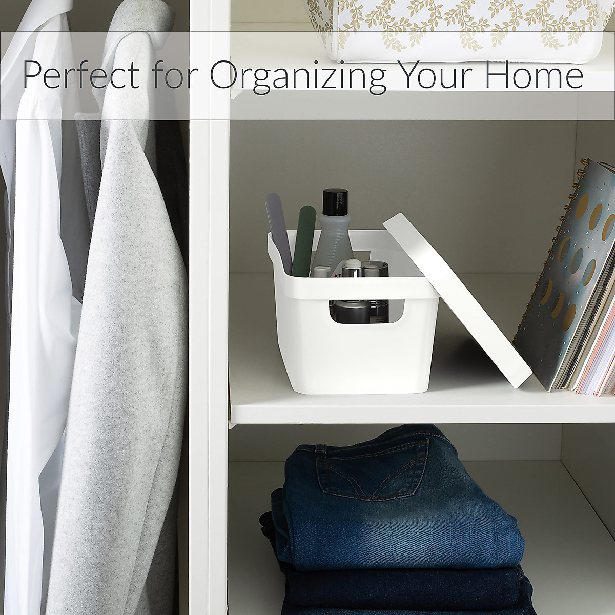 Simplify Small Vinto Storage Box | Click Tight Lid | Dimensions: 9.76" x 6.69" x 4.84" | Stackable | Home Organization | 2 Handles | White