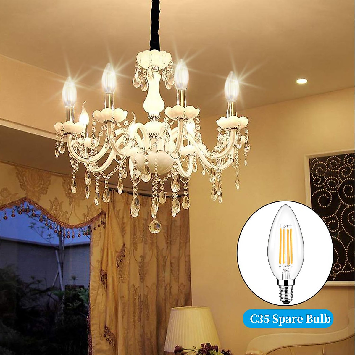 5 Pack C35 4Watt LED Candelabra Bulbs Equivalent to 40w Incandescent Bulbs,3000K Warm White 500 Lumens,B11 Candelabra Light Bulbs, E12 Dimmable Filament Clear Glass Candle Lamp for Home Decor