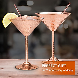 Mosscoff Copper martini glasses set of 2 9.5oz Hand hammered solid copper goblets with exquisite reinforcement ring. – Bonus pure copper straws – A gift set Valentine's day no one can resist