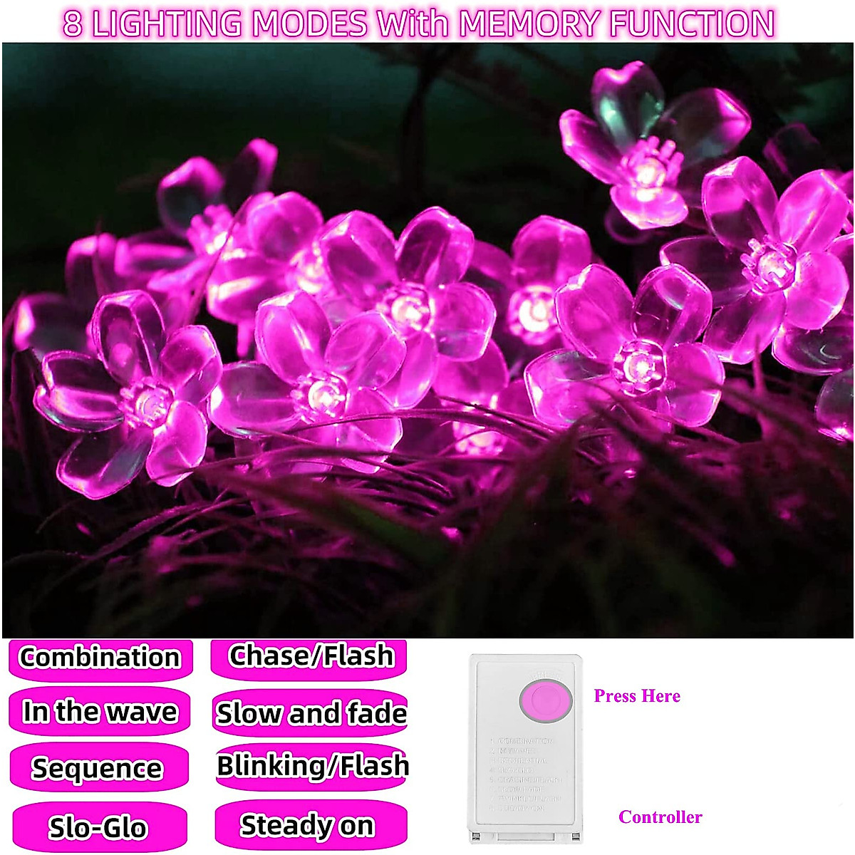 FULLBELL Valentines Day Decorations Pink Lights Cherry Blossom Lights Flower String Lights 33 Feet 100LED 8 Modes Wedding Party Indoor Flower Lights Bedroom Birthday Pink Room Decor (Pink)