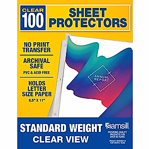Samsill 100 Sheet Protectors, Standard Weight Clear Page Protectors for 3 Ring Binder, 1.97 MIL Thick Top Loading Document Protectors, Holds 10+ Sheets, Archival Safe/Acid Free, Box of 100