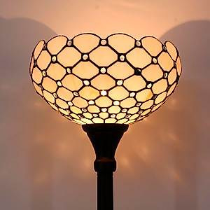 WERFACTORY Tiffany Floor Lamp Cream Amber Stained Glass Bead Light 12X12X66 Inches Pole Torchiere Standing Corner Torch Uplight Decor Bedroom Living Room Home Office (LED Bulb Included) S005 Series