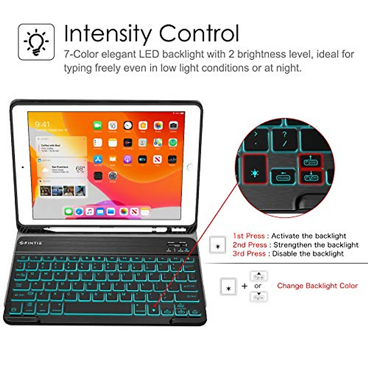 Fintie Keyboard Case for iPad 9th / 8th / 7th Generation (2021/2020/2019) 10.2 Inch, Soft TPU Back Cover with Magnetically Detachable Bluetooth Keyboard & Pencil Holder, 7 Color Backlight, Composition