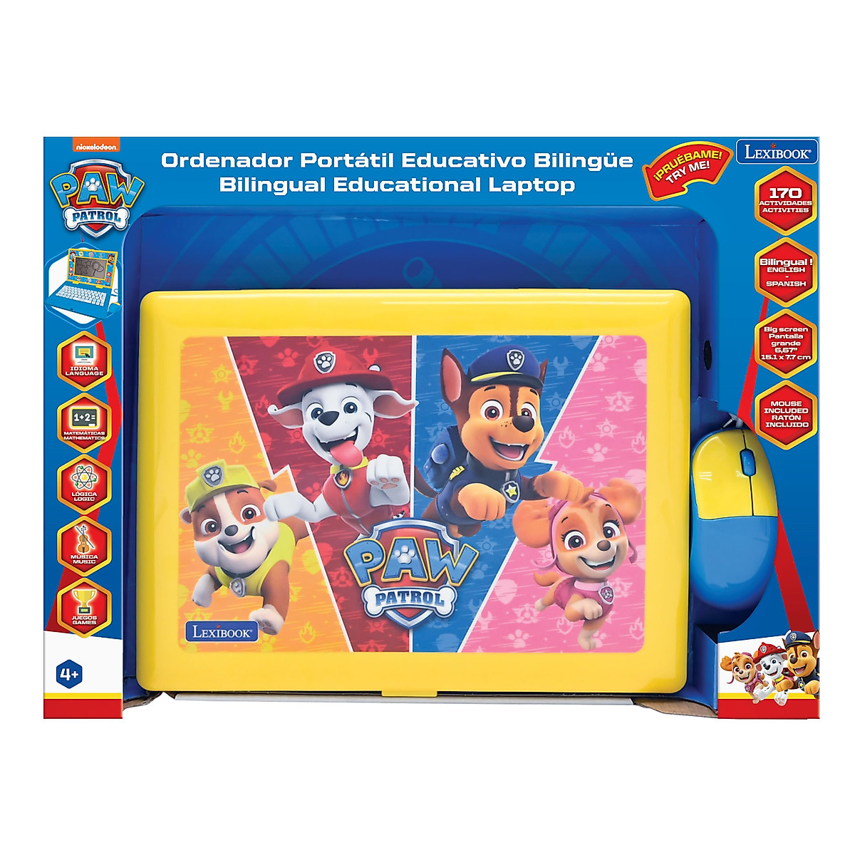 LEXiBOOK - Paw Patrol - Bilingual and Educational Laptop English/Spanish - Toy for Children, 170 Activities to Learn, Play Games and Music, Large Screen - JC599PAi2, Blue / Yellow