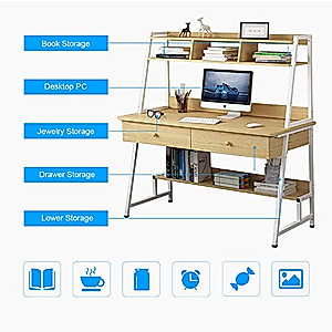 Modern Computer Desk with Bookshelf,Multi-Layer Storage Shelves 2 Drawers,Study Writing Table Gaming Table for Home Office