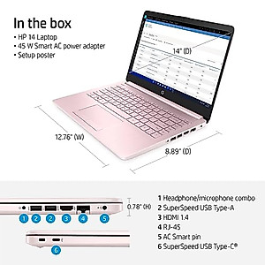 HP Portable Laptop (Include 1 Year Microsoft 365), 14’’ HD Display, 16GB RAM, 64GB eMMC, Intel Quad-Core N4120, Student and Business, Webcam, HDMI, Wi-Fi, RJ-45, Windows 11 Home, Pink