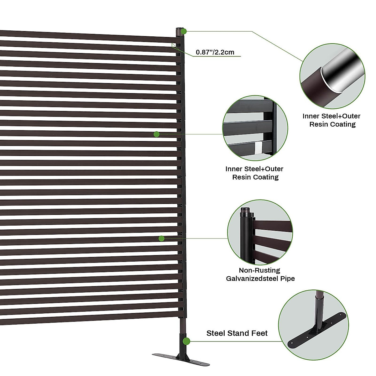 YOTOWORTH Patio Privacy Fence Screen, Outdoor Metal Slatted Decorative Privacy Screen and Panels Freestanding for Patio Divider, Brown Outdoor Privacy Screen with Stand, 71" H×35.4" W