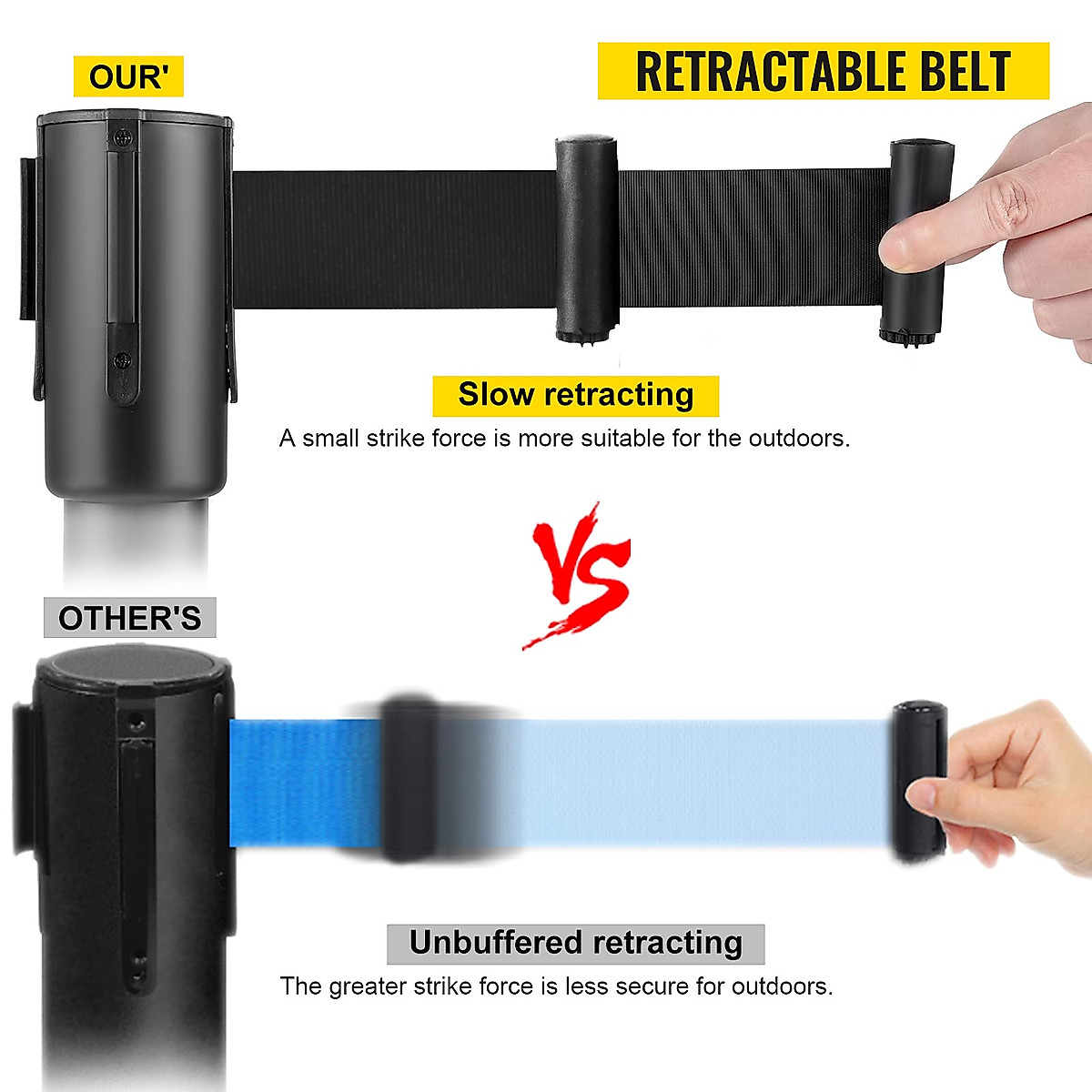 VEVOR Crowd Control Stanchion, Set of 8 Pieces Stanchion Set, Stanchion Set with 6.6 ft/2 m Black Retractable Belt, Black Crowd Control Barrier w/Concrete and Metal Base - Easy Connect Assembly