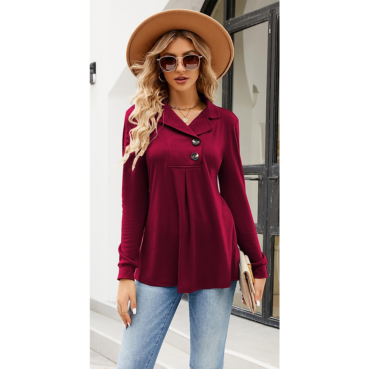 Newchoice Women Fall Long Sleeve Shirts Tops，Casual Winter Clothing Collar V Neck Tunics Or Tops To Wear With Leggings(Berry Red.M)