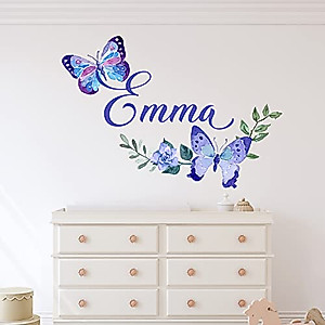 PrintsbyDM Custom Name Butterfly Wall Decal- Girls Room Wall Decor - WM531. Custom Name Removable Nursery Wall Decal for Girl - Flower Mural Wall Decal for Girls Bedroom