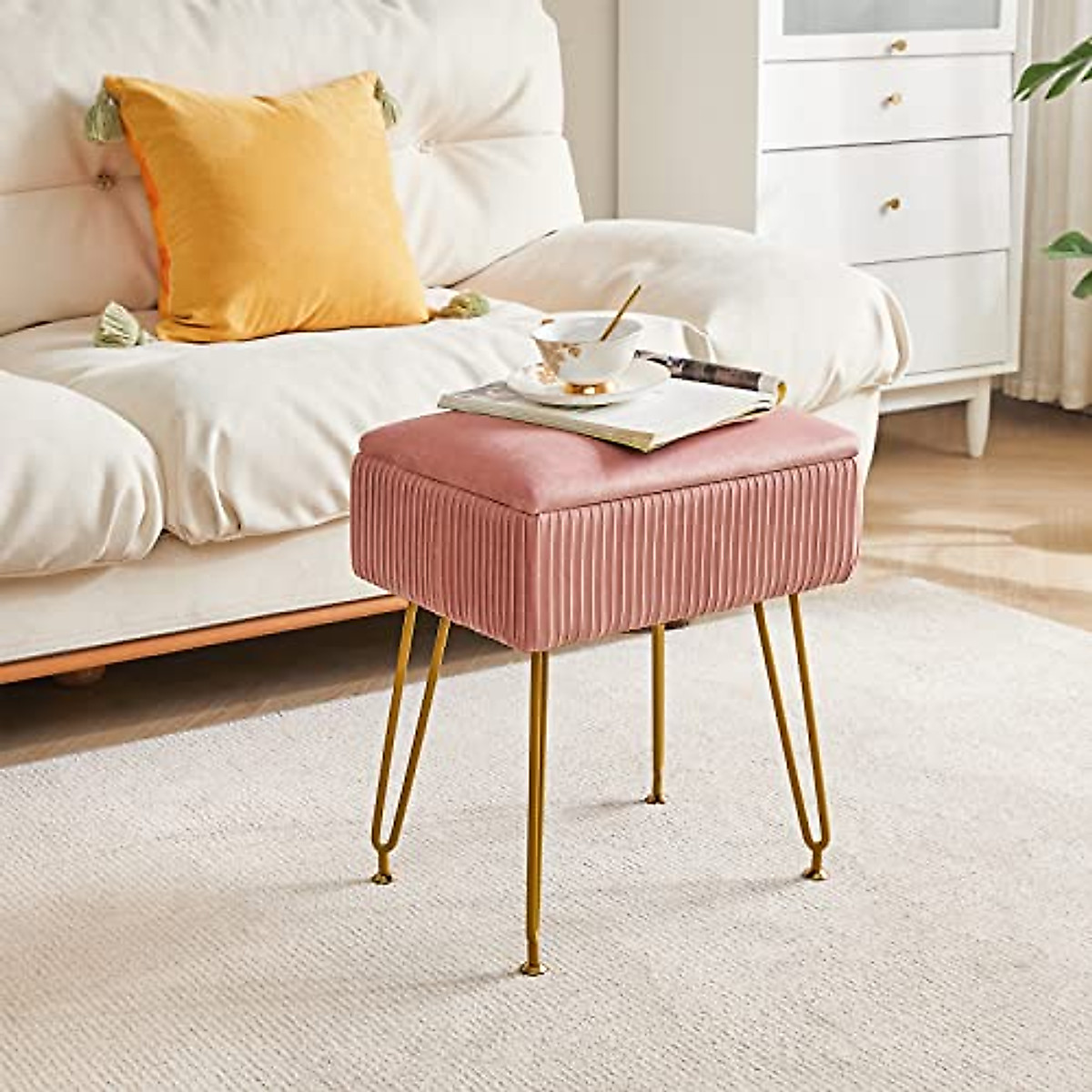 YMYNY Vanity Stool Chair with Storage, Square Velvet Ottoman Foot Stool, Modern Multifunctional Makeup Stool for Bedroom, Living Room, Office, Gold Legs, 18.9 * 15.75 * 11.6", Pink, UHBD024P