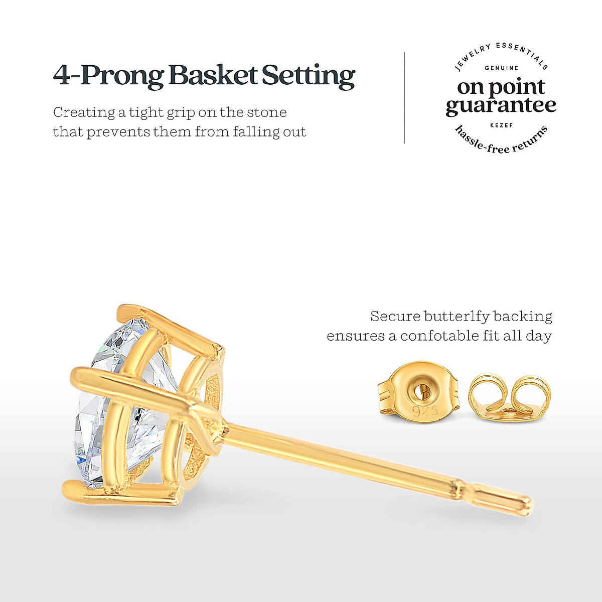 KEZEF Sterling Silver Cubic Zirconia Stud Earrings for Women & Men – Premium S925 Silver Studs – Hypoallergenic – CZ 14k Gold Stud Earrings - Size 5mm
