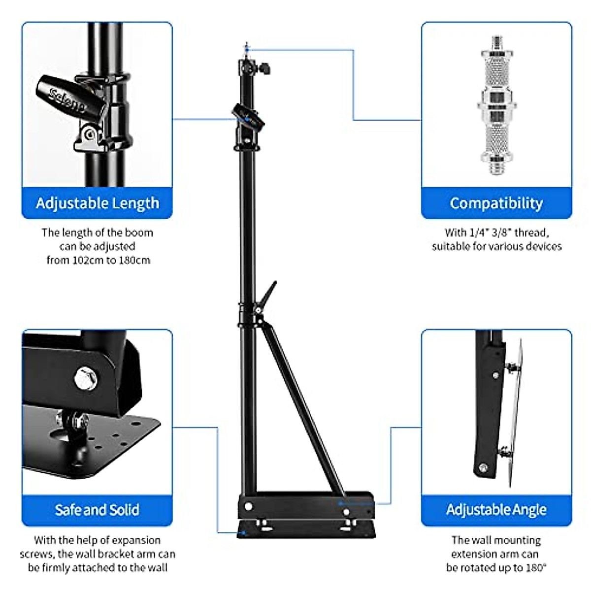 Selens Wall Mount Triangle Boom Arm-Max Length 5.9 Feet/180cm , 180° Flexible Rotation Camera Wall Mount for Photography Strobe Light, Ring Light, Umbrella Softbox, Reflector (Black)