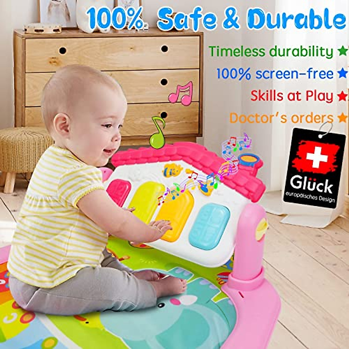 GLÜCK Baby Gyms&Play Mats-Kick and Play Piano Gym Tummy Time Padded Mat, Musical Floor Mat, Activity Piano Gym,Infant Newborn Play Mat for Babies ,Toddlers 0 to12 Months(Pink)