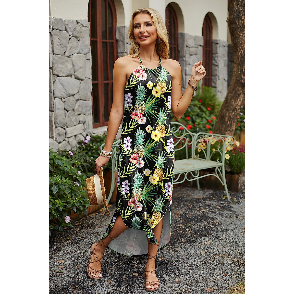 Women Summer Luau Halter 2025 Sundress Cotton Comfortable Polynesian Clothes Pineapple L