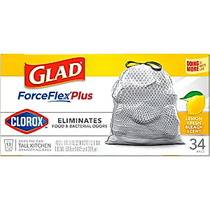Glad ForceFlexPlus with Clorox Tall Trash Bags, 13 Gal, Lemon Fresh Bleach, 34 Ct, Pack May Vary
