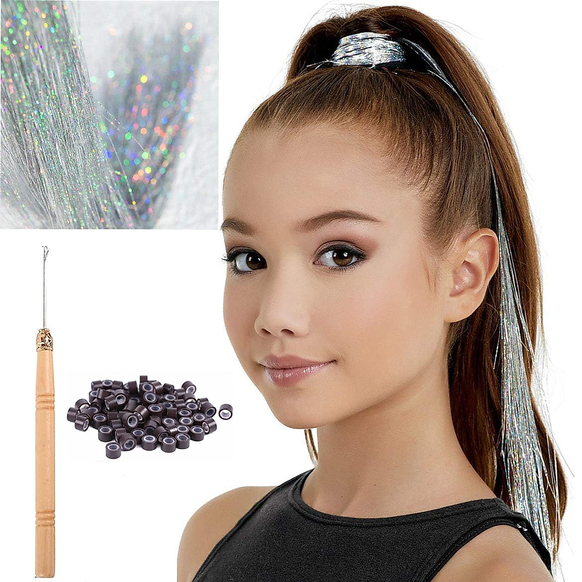 47" Holographic Hair Tinsel Kit Shining Silver Professional Sparkle Heat-Resistant Silk Hairpieces, Hair Accessories for Girls, Party Hair, Gifts for Girls (1000 Strands, Shining Silver)