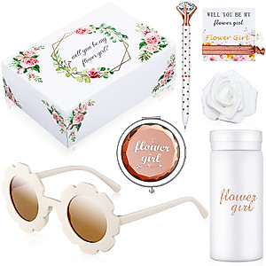 8 Pcs Flower Girl Gifts Flower Girl Proposal Box Gift Set Flower Girl Box Round Flower Water Bottle Makeup Mirror Diamond Pen Flower Girl Hair Tie Rose Head for Wedding Bride Shower