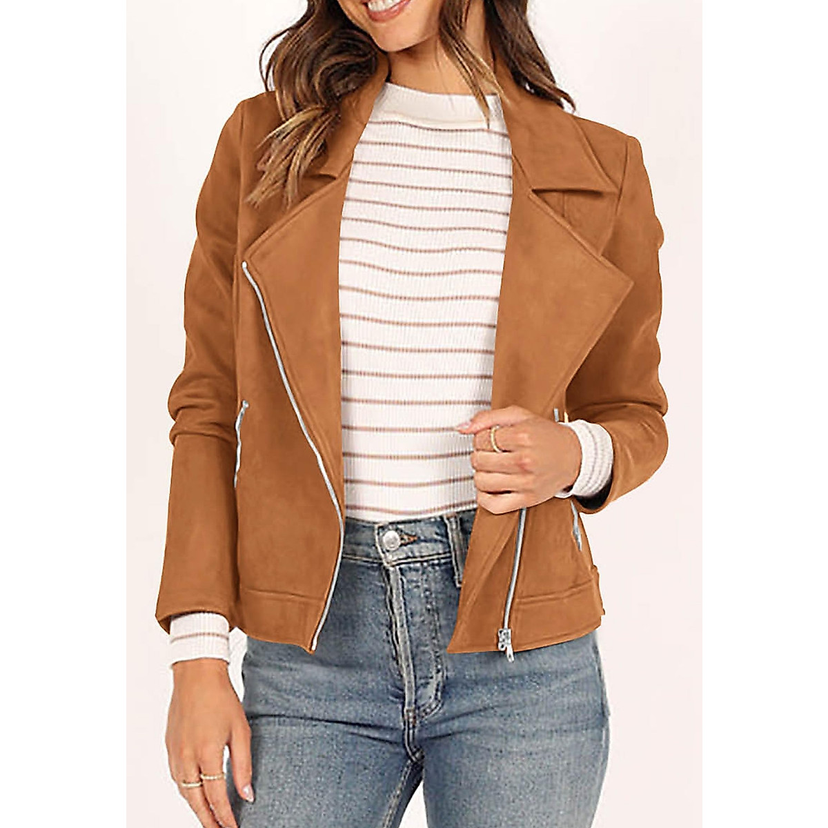 PRETTYGARDEN Womens Winter Faux Suede Motorcycle Jacket Long Sleeve Zipper Pockets Short Coat Y2K Fashion Dressy Outerwear (Brown,X-Large)