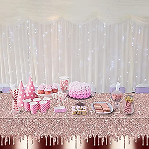 3pcs Pink Rose Gold Birthday Party Tablecloths Rose Gold Sequin Printed Plastic Table Cover Glitter Diamonds Happy Birthday Background for Girl Wedding Graduation Anniversary Indoor Outdoor（Plastic）
