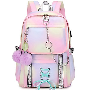 Hey Yoo School Backpack for Girls Backpack with Lunch Box School Bag Bookbag Aesthetic Cute Backpack Set for Teen Girls (Pink)