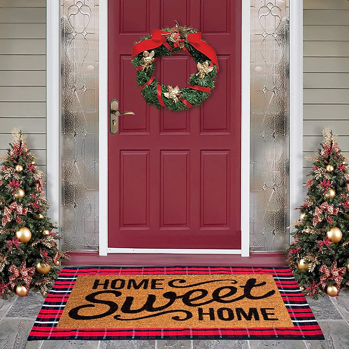 YINLUMY Christmas Buffalo Plaid Outdoor Doormat 23.6” x 51.2 Black/Red Checkered Rug,Cotton Hand-Woven Washable Front Layered Door Mats Reversible Fall Porch Rug for Farmhouse/Entryway/Patio