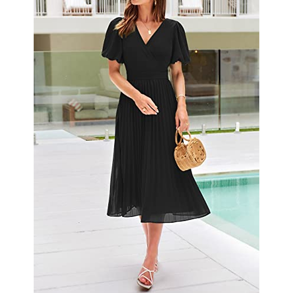 MEROKEETY Womens 2023 Summer Puff Sleeve Wrap V Neck Pleated Flowy Midi Dress for Wedding Guest,Black,M