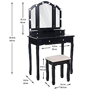 Caroeas Vanity, Tri-Fold Makeup Vanity with Mirror, Lights and Padded Vanity Stool, Solid Wooden Vanity Set, 4 Drawers, 2 Brush Slots and 2 Open Compartments, Black Vanity Table