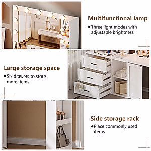 PAKASEPT Vanity Desk with Mirror and Lights, Makeup Vanities with Charging Station, White Vanity with 3 Color Lighting, Drawers, Hidden and Open Shelves, Girls Dressing Table for Bedroom