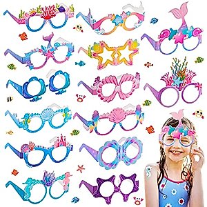 Ospvcwk Mermaid Birthday Party Decorations - 34Pcs Mermaid Paper Glasses, 14 Cute Styles, Summer Beach Under the Sea Photo Booth Props for Kids Adults Party Supplies
