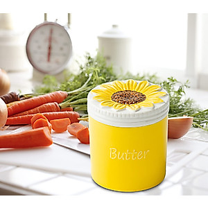 Sunflower Butter Crock Butter Keeper French Butter Dish Ceramic Cup Butter Holder With Water Line Non-Slip Design