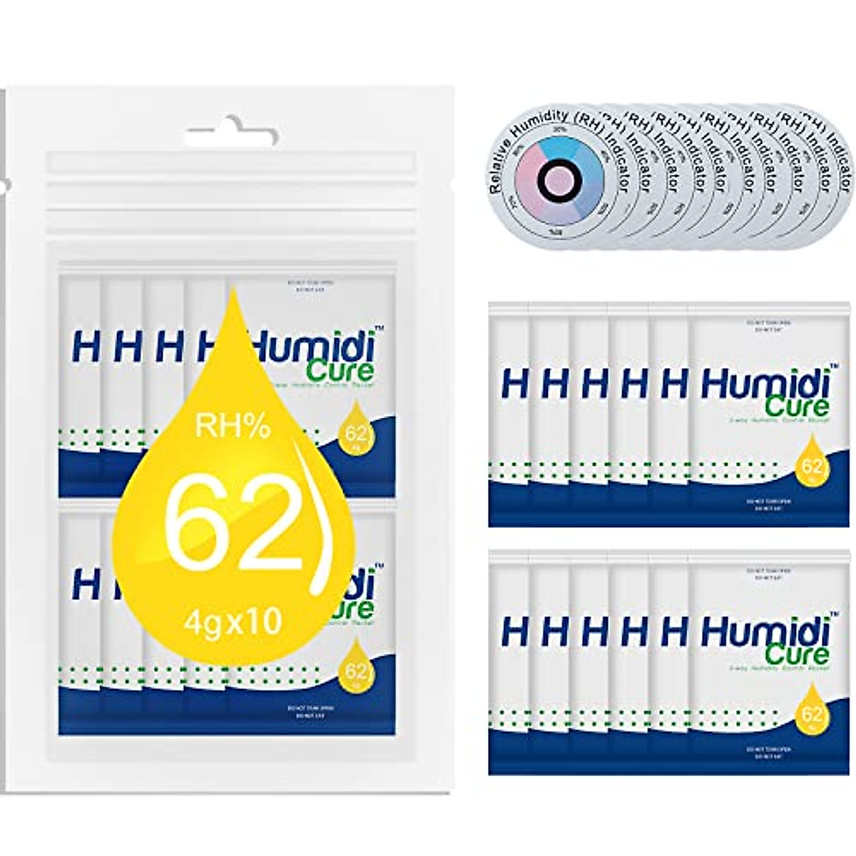 Humidi-Cure RH62% Humidity Packs,2-Way Humidity Control Packs,10Pack 62 Humidity Packets with RH Indicator Card,Size 4G