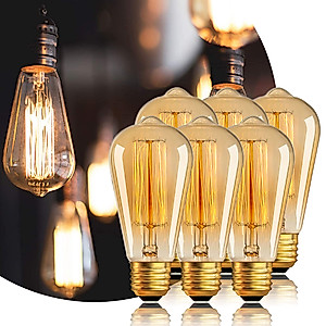 Sevici Edison Bulb, 6 Packs, ST64 60W 120V Edison Bulb Retro Incandescent Bulb, E26/E27 Base, 2200K Amber Warm Yellow Base, Dimmable, Retro Glass Bulb, Suitable for Outdoor and Indoor