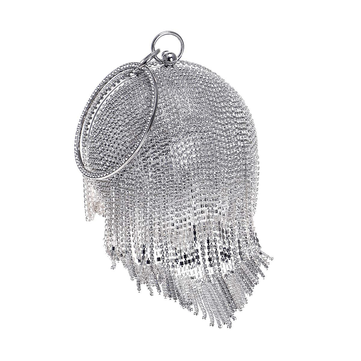Flada Round Ball Clutch Purse Women Crystal Evening Bag Tassel Wedding Party Handbag, Silver, Small