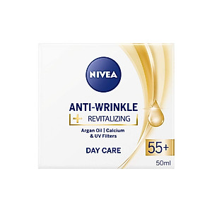 Nivea Anti-wrinkle + revitalizing day care face cream anti-aging 55+ with argan oil, calcium and UV filters 50 ml / 1.69 oz