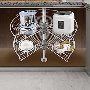 Fetcoi 2 Tier Kidney Chrome Lazy Susan, 28” Kitchen Base Cabinet Corner Organizer, 270° Rotating Blind Corner Wire Cabinet Mounted Rotating Storage Rack for Kitchen Storage
