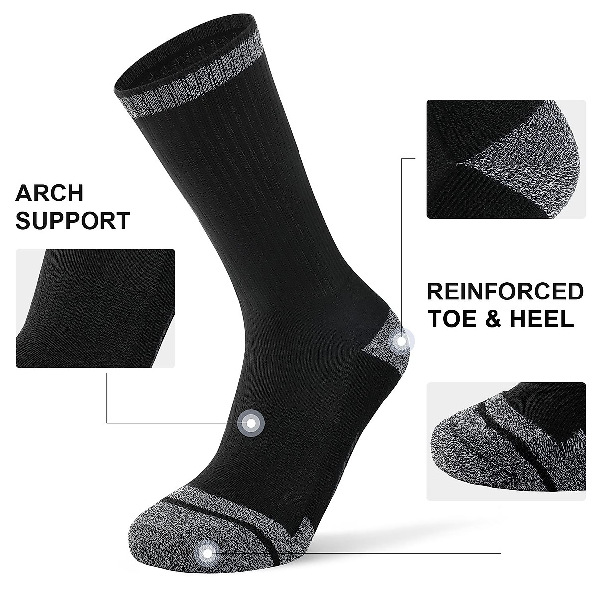 FITRELL 6 Pack Men's Athletic Crew Socks Cushioned Work Boot Socks, Black, Large, Shoe Size 9-12