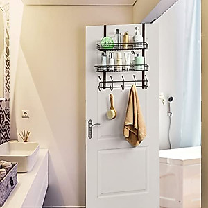 OYEAL Over The Door Hook Rack with 5 Hooks 2 Baskets Steel, Sturdy Durable Coat Rack Towel Hooks Hanging Organizer Shelves for Home Bedroom Bathroom Kitchen, Brown