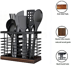 Dorhors Kitchen Utensil Holder for Kitchen Counter,Wood Cooking Utensil Holder,Kitchen Utensil Organizer for Countertop (2 Compartments)