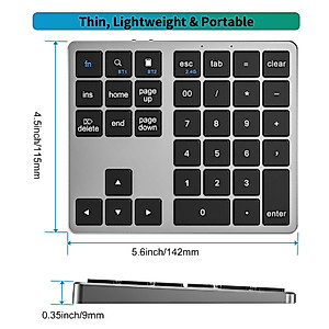 LOONASA Bluetooth Number Pad, Rechargeable Wireless Numeric Keypad, Three Mode, Slim & Silent Design, 35-Keys External Numpad USB Keyboard for MacBook, iPad, iPhone, iOS, Laptop, Windows, Android, PC