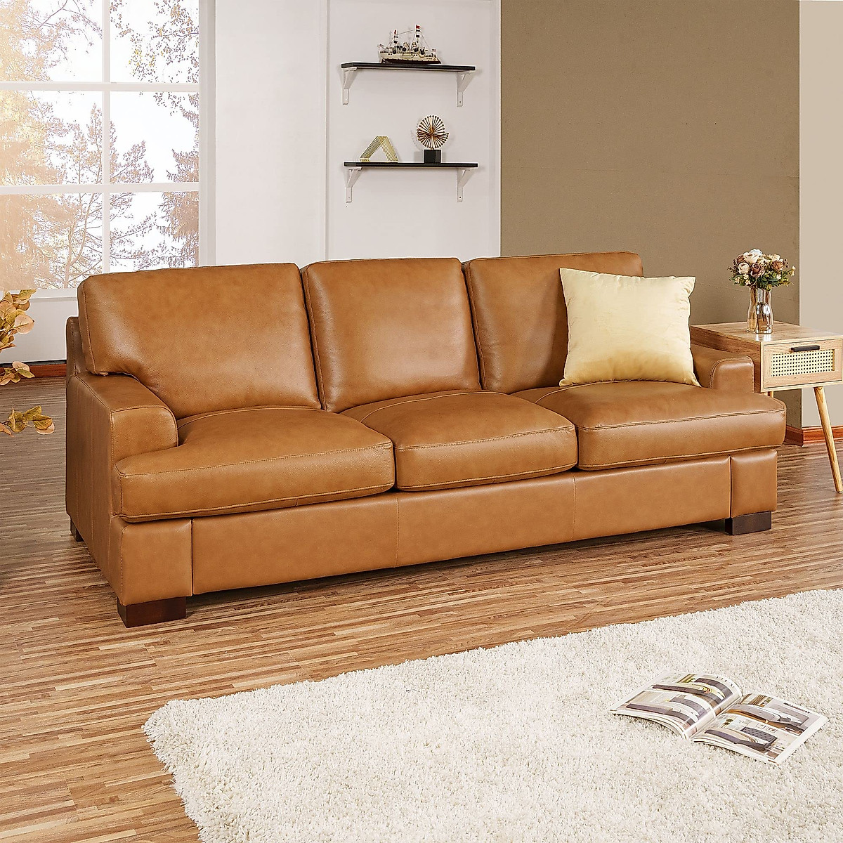 Naomi Home Siggy Genuine Leather Sofa for Living Room, Bedroom - Chair, Sofa - Luxurious Comfort, Goose Feather Cushion Filling, Square Arm Design, Sturdy Block Legs, Elegant, Tan